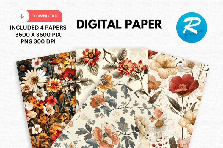 Vintage Flowers Digital Paper, Flowers Background