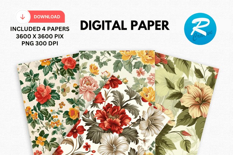 Vintage Flowers Digital Paper, Flowers Background