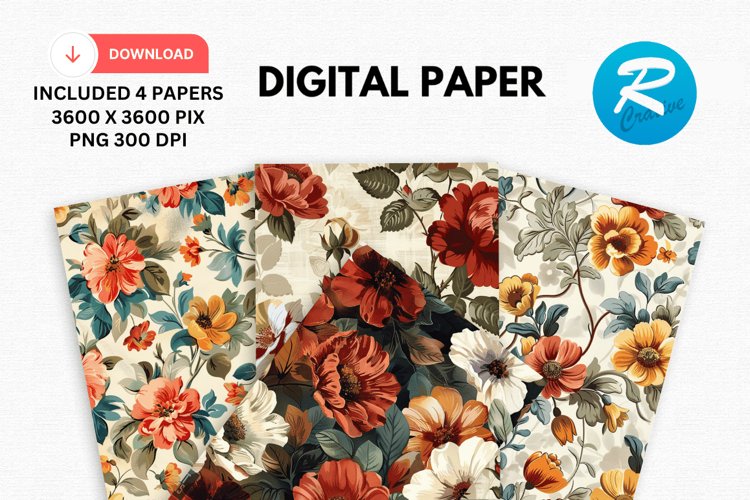 Vintage Flowers Digital Paper, Flowers Background