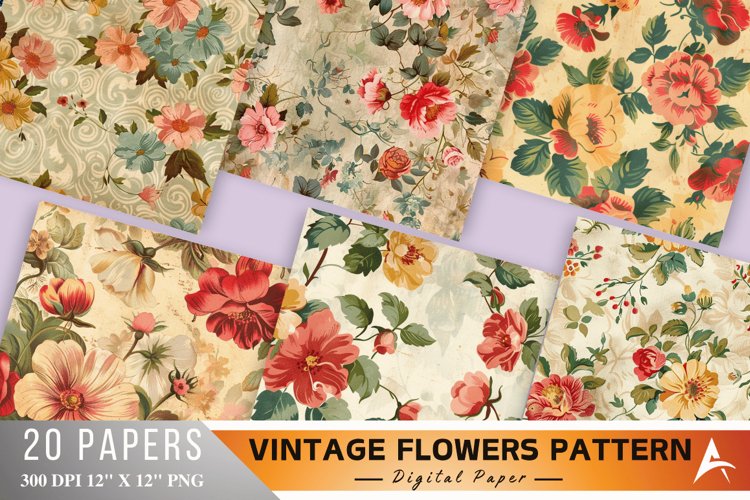 Vintage Flowers Pattern Digital Paper Bundle