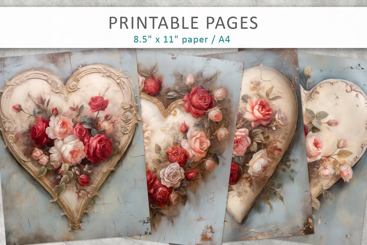 Vintage heart junk journal, Valentine’s heart pages