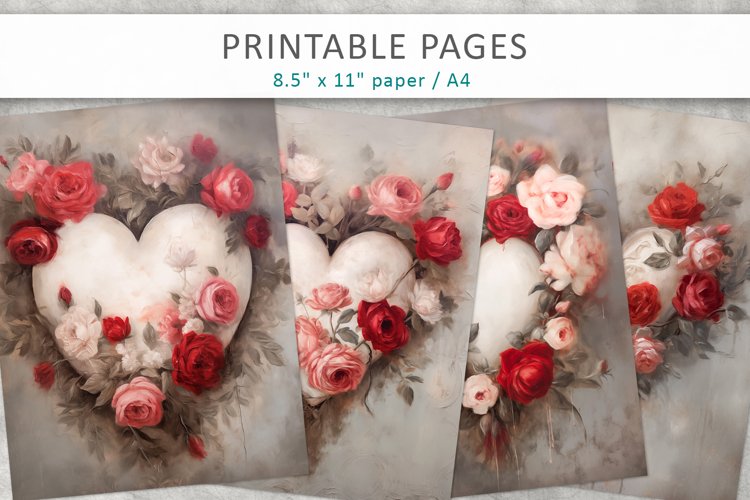 Valentine’s heart junk journal pages, printable pages