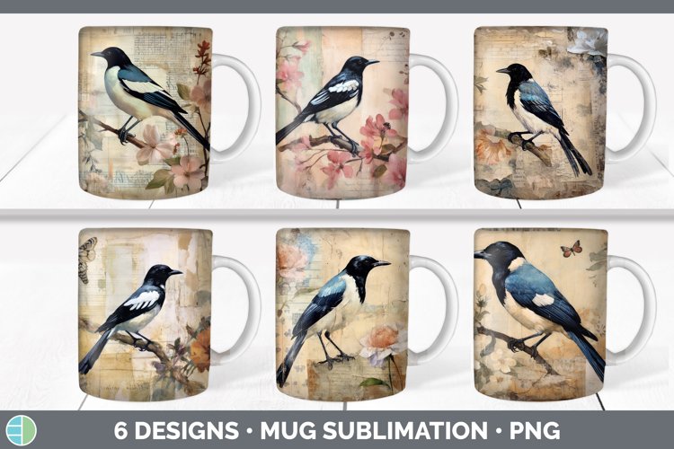 Vintage Magpie Bird Mug Wrap | Sublimation Coffee Cup Design