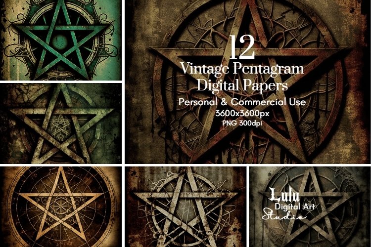 12 Vintage Pentagram Digital Papers for Mystical Designs