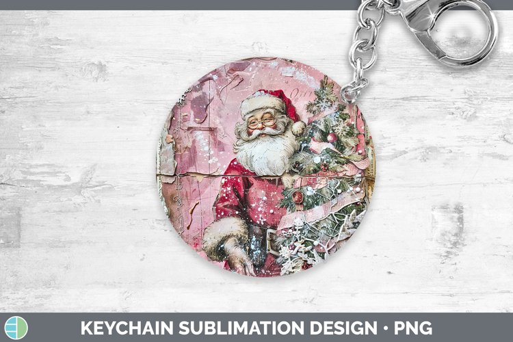 Vintage Pink Christmas Santa Keychain Sublimation Keyring De