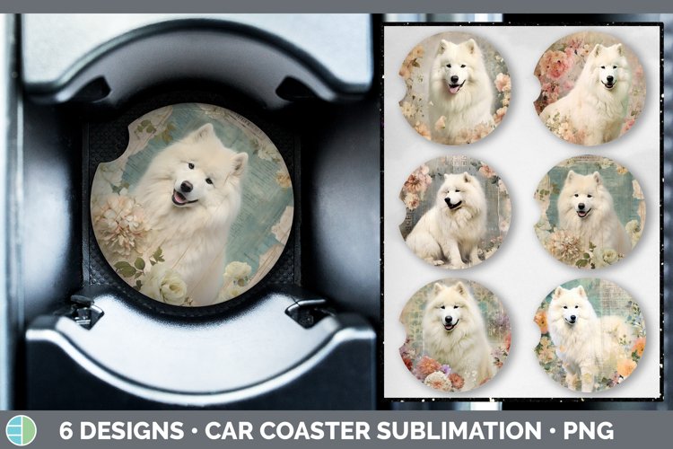 Vintage Samoyed Dog Car Coaster | Sublimation Coaster Design