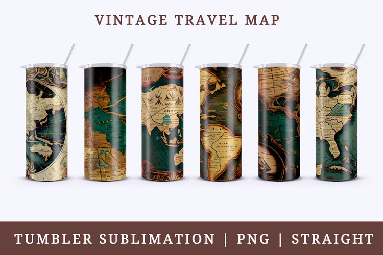 Vintage Travel Map tumbler sublimation bundle, 6 wrap design
