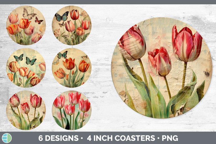 Vintage Tulip Flowers Round Coaster | Sublimation Coaster De