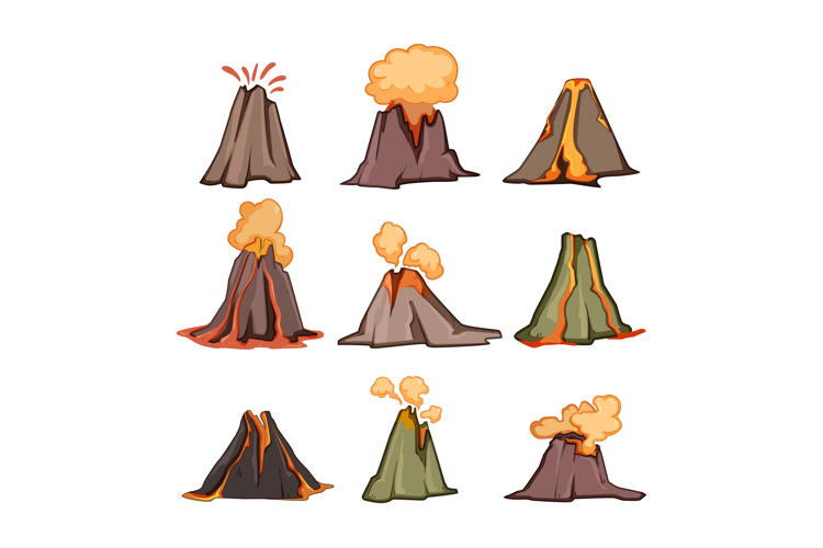 volcano eruption set cartoon