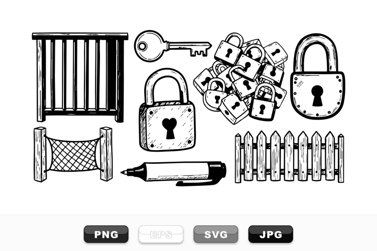 Hand Drawn Lock And Fence Clipart Set