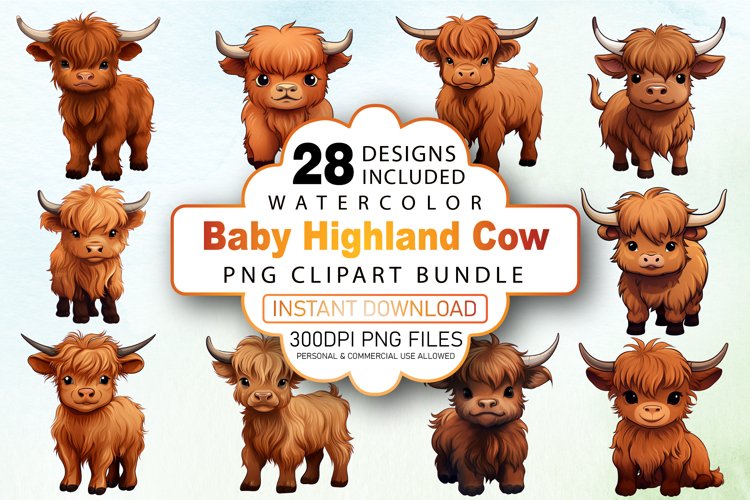 Watercolor Baby Highland Cow Clipart Bundle