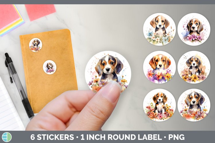 Watercolor Beagle Dog Stickers | Round Labels Designs Bundle