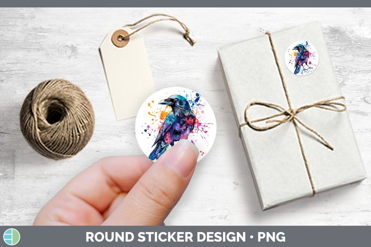 Watercolor Bird Crow Stickers | Round Labels Designs