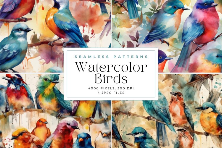 4 Watercolor Birds Pattern Background