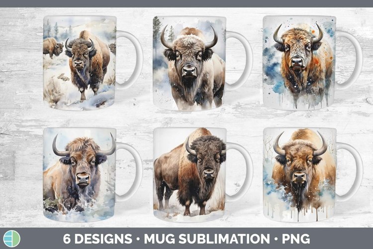 Watercolor Bison Mug Wrap | Bundle Coffee Cup Designs