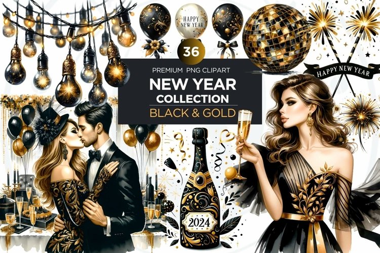 Watercolor Black & Gold New Year Clipart Bundle