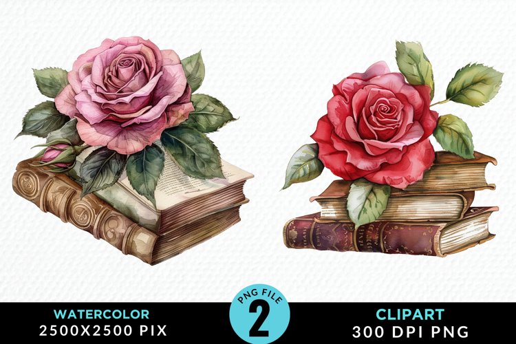 Watercolor Books Rose Clipart Bundle