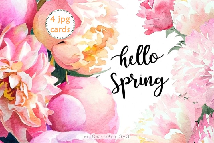 Hello Spring Watercolor Floral cards, Watercolor Pink Peony