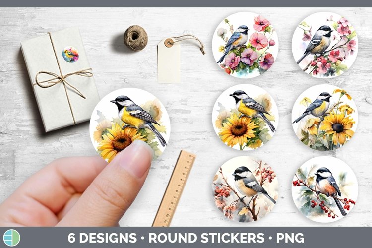 Watercolor Chickadee Stickers | Round Labels Bundle