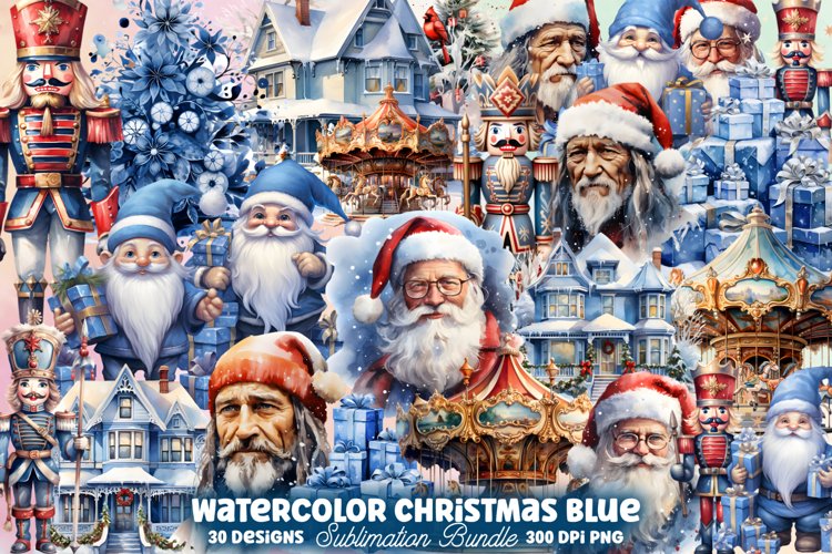 Watercolor Christmas blue clipart Bundle, Christmas blue