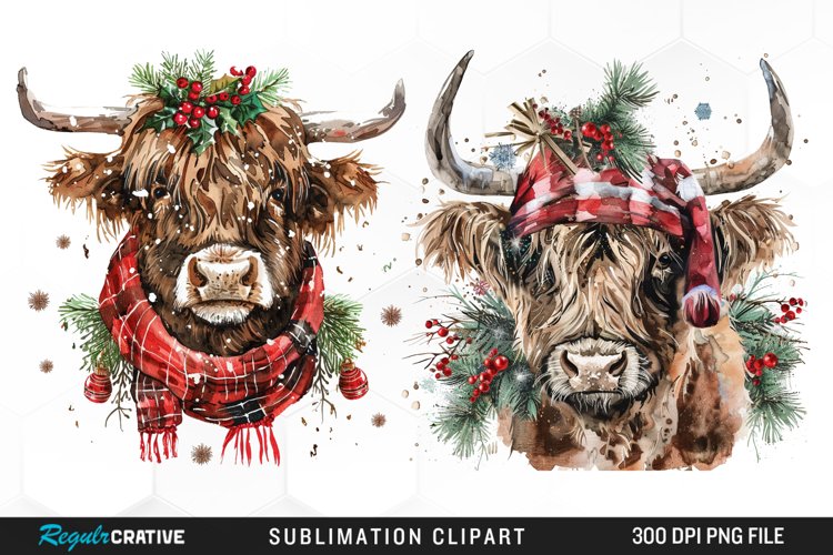 Watercolor Christmas Highland Cow Clipart