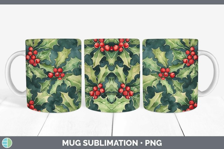 Watercolor Christmas Holly Mug Wrap Sublimation Coffee Cup D