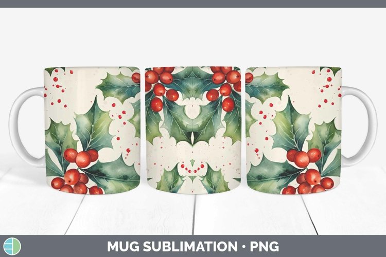 Watercolor Christmas Holly Mug Wrap Sublimation Coffee Cup D