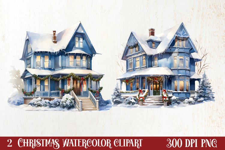Watercolor Christmas houses clipart, Christmas houses Clipar