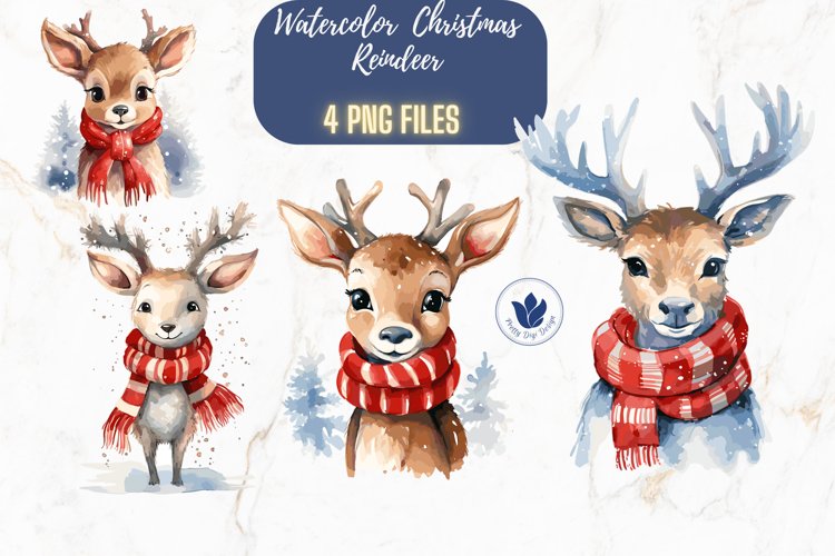 Watercolor Christmas Reindeer| 4 PNG Files