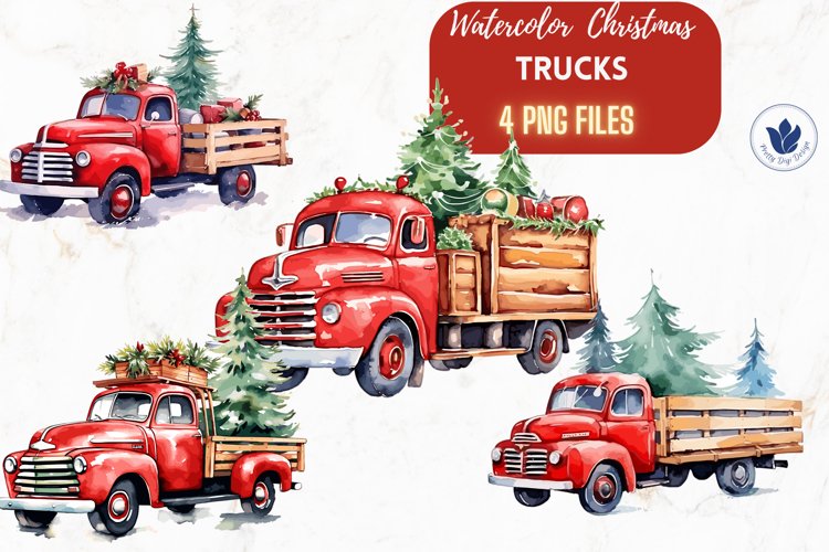 Watercolor Christmas Trucks | 4 PNG Files