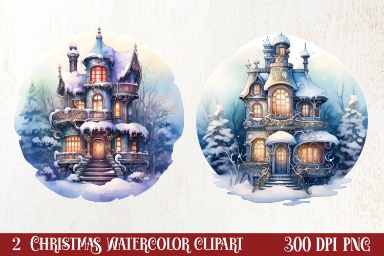 Watercolor Christmas houses clipart, Christmas houses Clipar