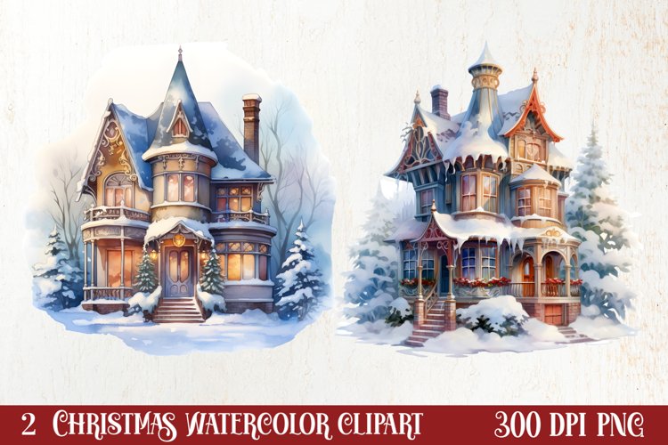 Watercolor Christmas houses clipart, Christmas houses Clipar