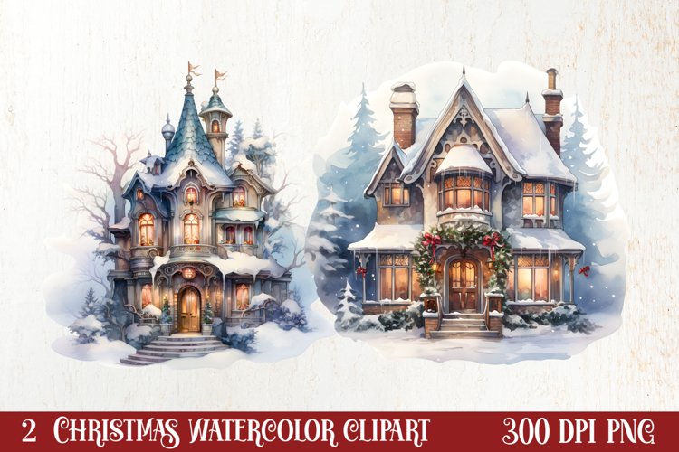 Watercolor Christmas houses clipart, Christmas houses Clipar