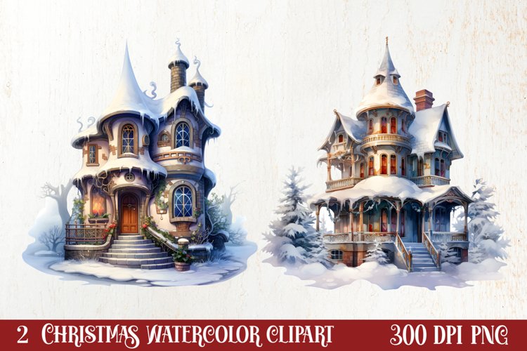 Watercolor Christmas houses clipart, Christmas houses Clipar
