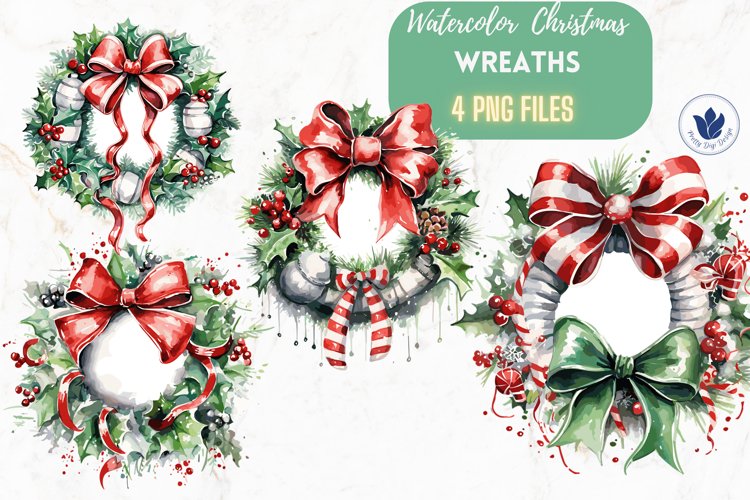 Watercolor Christmas Wreaths | 4 PNG Files