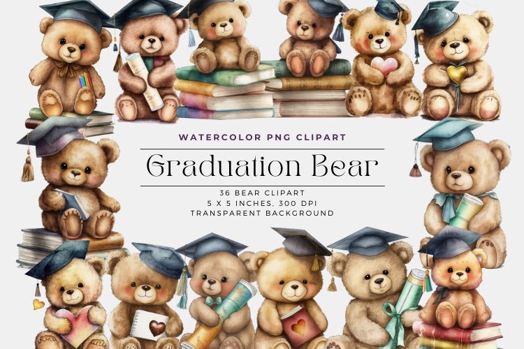 36 Watercolor Graduation Bear Clipart