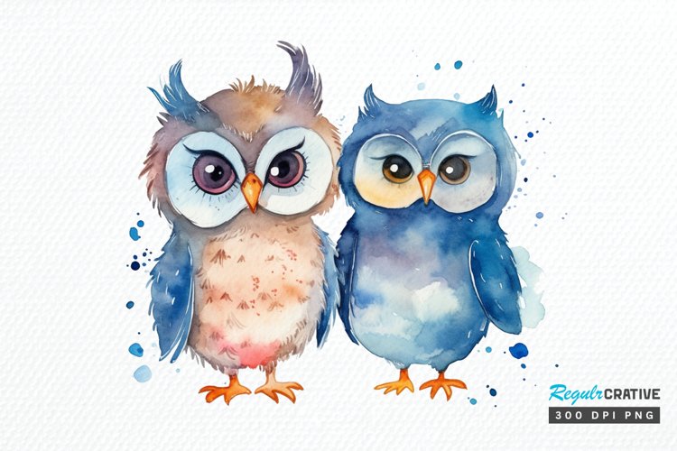 Watercolor Cute Couple Owl PNG Clipart