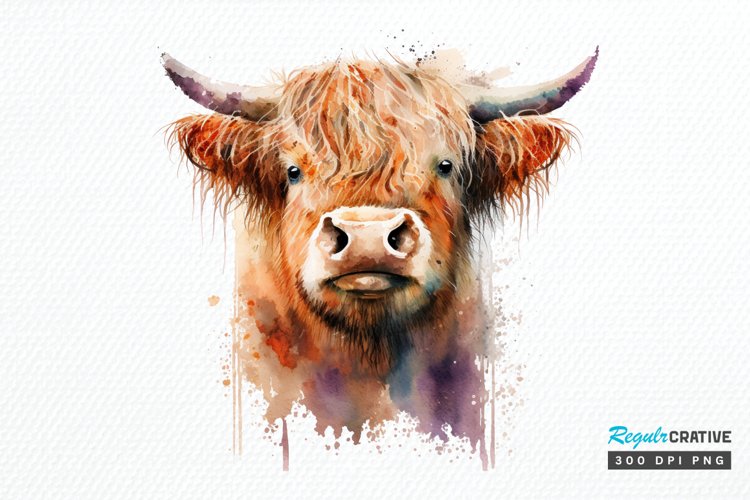 Watercolor Cute Highland Cow PNG Clipart