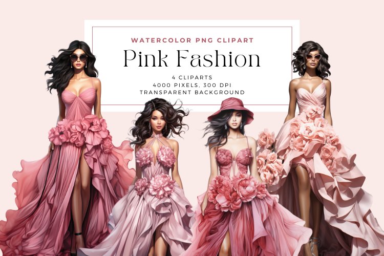 4 Watercolor Pink Fashion Clipart