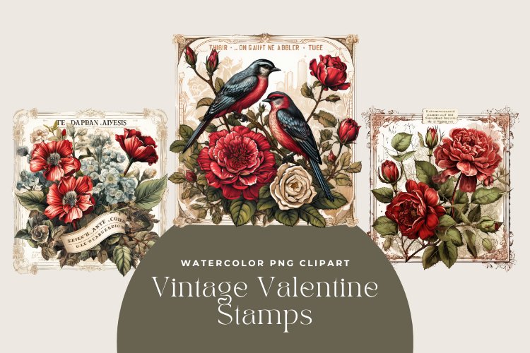 3 Watercolor Vintage Valentine Stamps Clipart