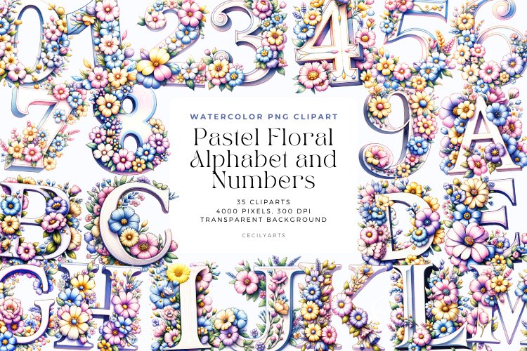 35 Watercolor Pastel Floral Alphabet and Numbers Clipart