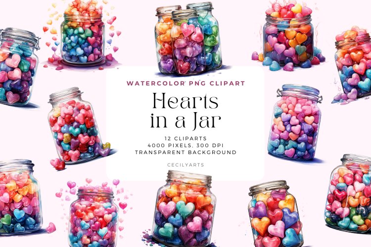 12 Watercolor Hearts in a Jar Clipart