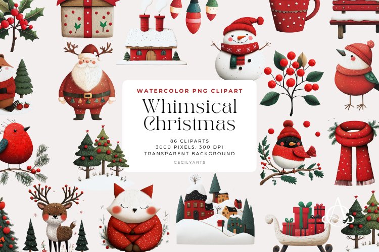 Watercolor Whimsical Christmas Clipart Bundle