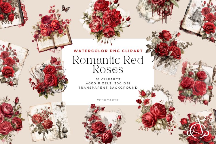 Watercolor Romantic Red Roses Journal Tags Clipart Bundle