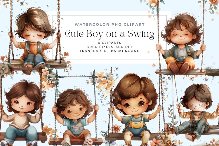 Watercolor Cute Boy on a Swing Clipart
