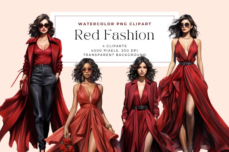 4 Watercolor Red Fashion Clipart
