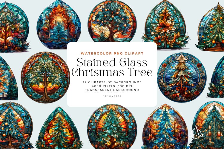 Watercolor Stained Glass Christmas Tree Clipart Bundle