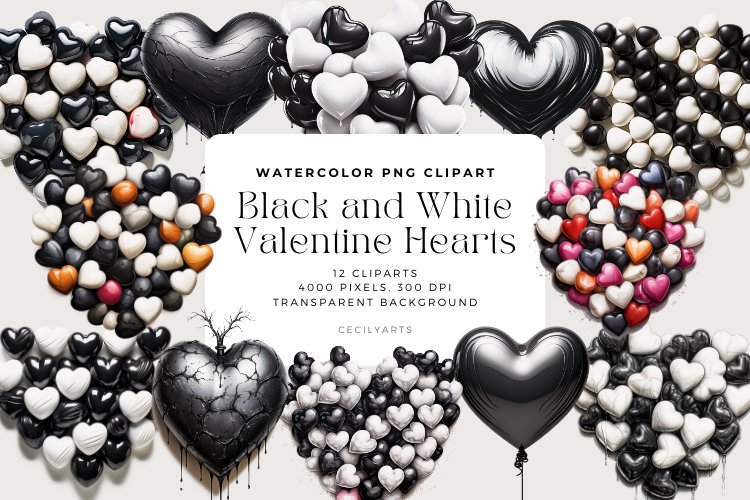 12 Watercolor Black and White Valentine Hearts Clipart