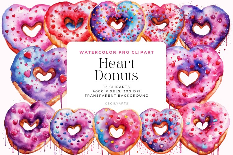 12 Watercolor Heart Donuts Clipart
