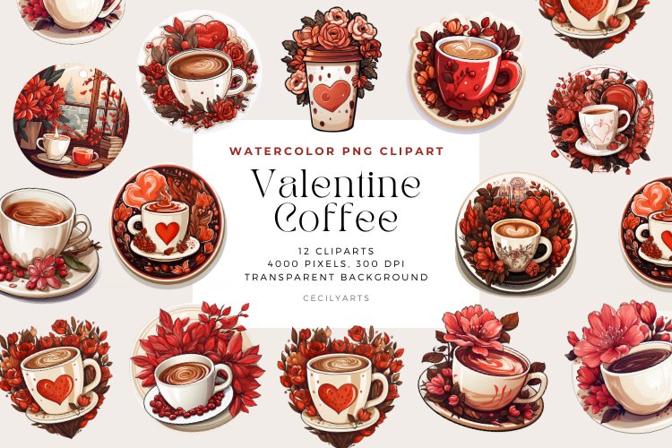 12 Watercolor Valentine Coffee Clipart